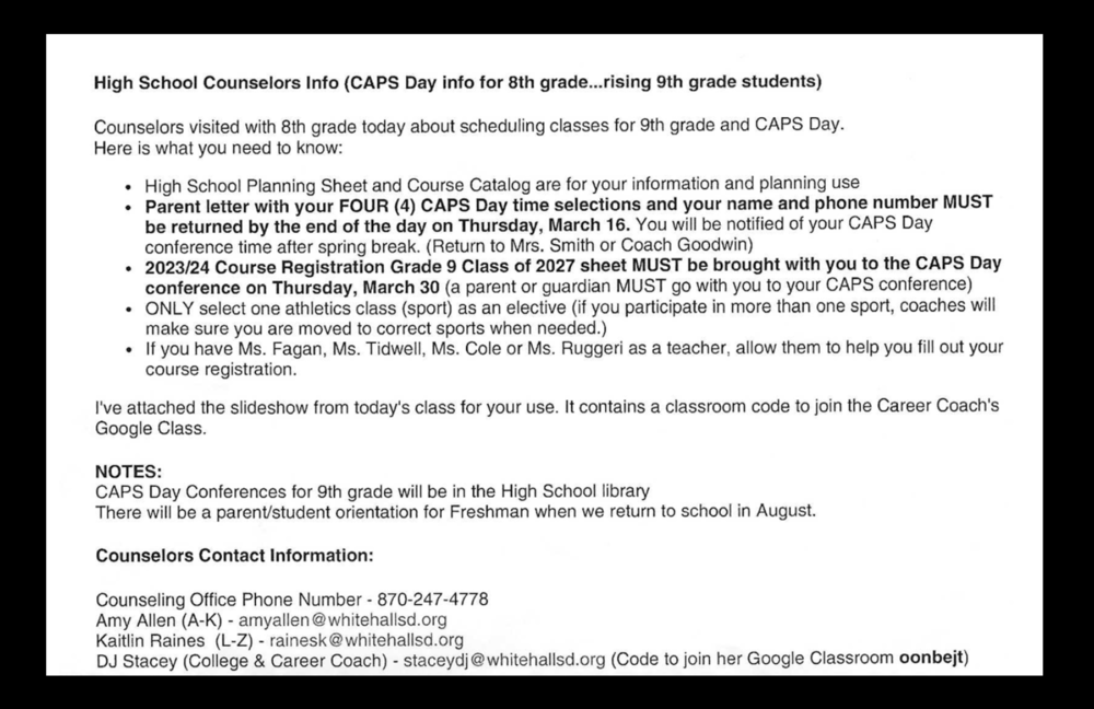 CAPS Day Information for incoming 8th Graders | White Hall High School